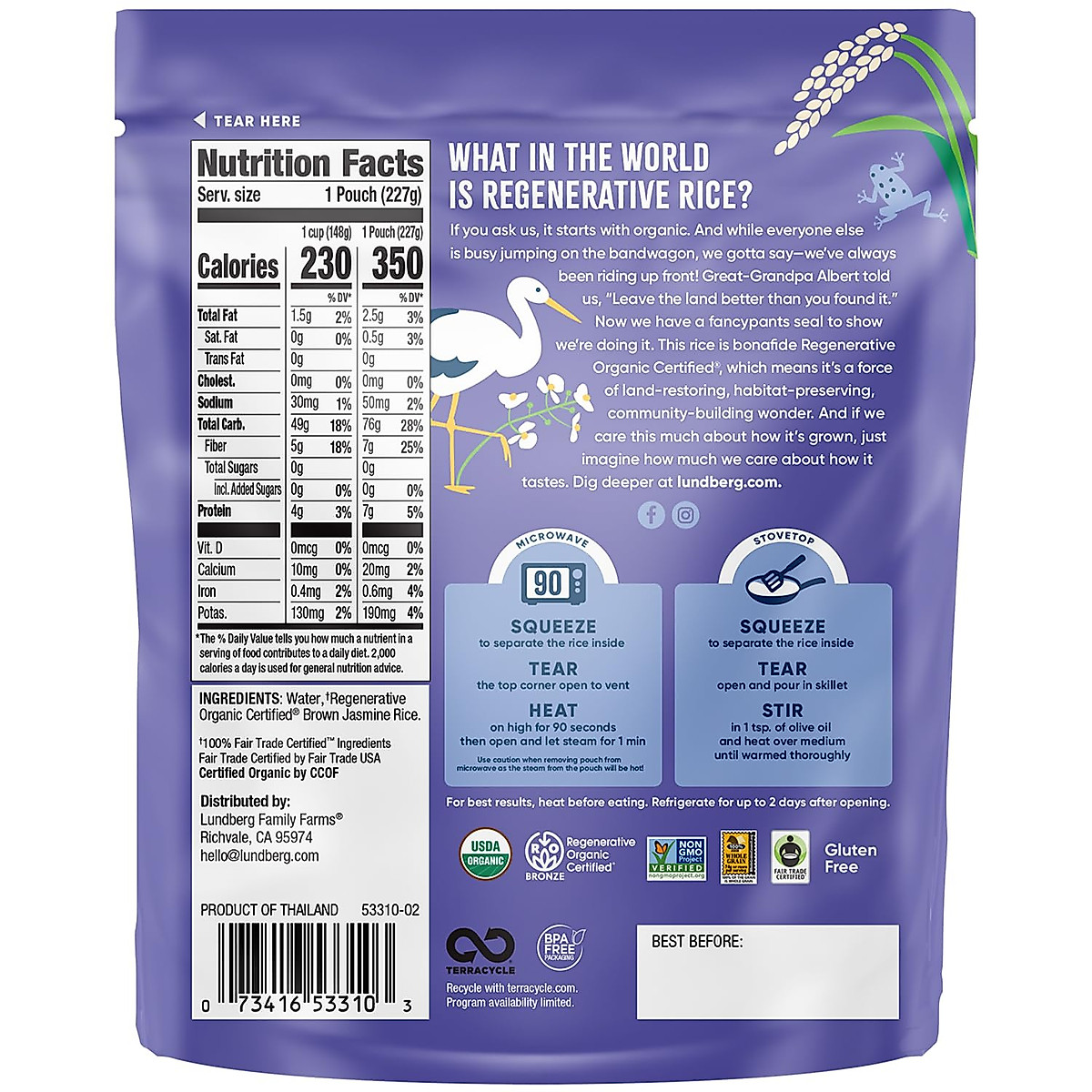 Lundberg Brown Jasmine Rice, Ready in 90 Seconds – RegenerativeOrganic Certified Long Grain Brown Rice, Microwavable, Fluffy, Non-Sticky, Aromatic Organic Rice, 8 Oz