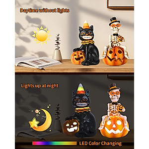 iStatue Halloween Decorations, 2-Pack Resin Black Cat & Skeleton on Pumpkin with Jack-o’-Lantern Lights - Indoor/Outdoor Gift for Fireplace Table Top Party Tiered Tray Decor (Skeleton & Cat)