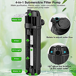 hygger 4-in-1 Submersible U-V Filter Pump, Internal Green Water Killer with Timer, 210GPH 8W Adjustable Fish Tank Filter, Increase Oxygen for 40-80 Gallon Aquarium Tank