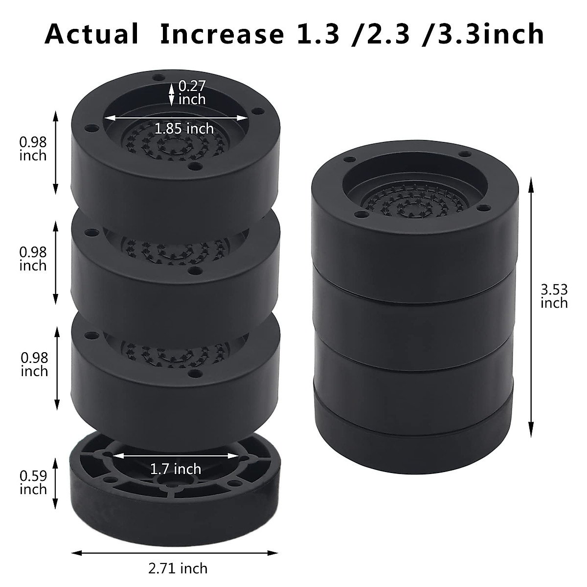 HANIHUA 4 Sets Black Round Furniture Risers, Heavy Duty Bed Risers Lifts Height 1", 2", 3 inch, Adjustable Bed Lifts Risers for Bed Frame, Furniture, Sofa, Chair Risers Supports Up to 1,300 lbs