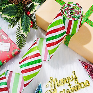 obmwang 2 Rolls Christmas Glitter Stripes Wired Edge Ribbon Red White Green Stripes Ribbons Wired Christmas Holiday Ribbon for DIY Craft Bows Xmas Tree Decoration, 2.52" x 6.56 Yards