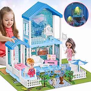 TOY Life Dollhouse - Doll House 4-5 Year Old with Lights - Toddler Girls Doll House 3 Year Old 20" x 19" x 11" with 2 Dolls 3 Princess Doll Dream House Rooms, Furniture & Dollhouse Accessories