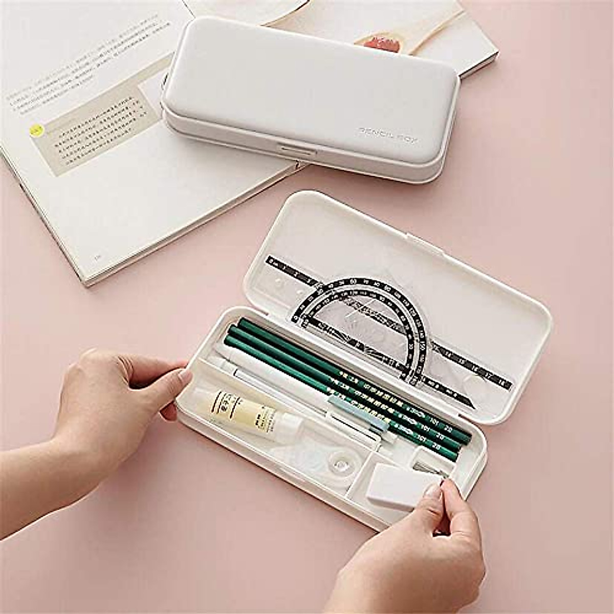 Funny live Durable Plastic Pencil Box,Small Items Organizer Box with 3 Compartments Plastic Mini Stationery Case Light Color Pencil Case for Pens Pencils School Supplies (Light Gray)