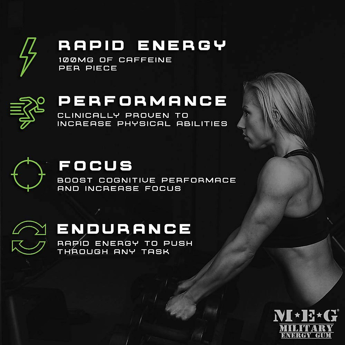 MEG - Military Energy Gum | 100mg of Caffeine Per Piece + Increase Energy + Boost Physical Performance + Multi Flavors of Arctic Mint , Spearmint, & Cinnamon + 8 Packs (40 Count)