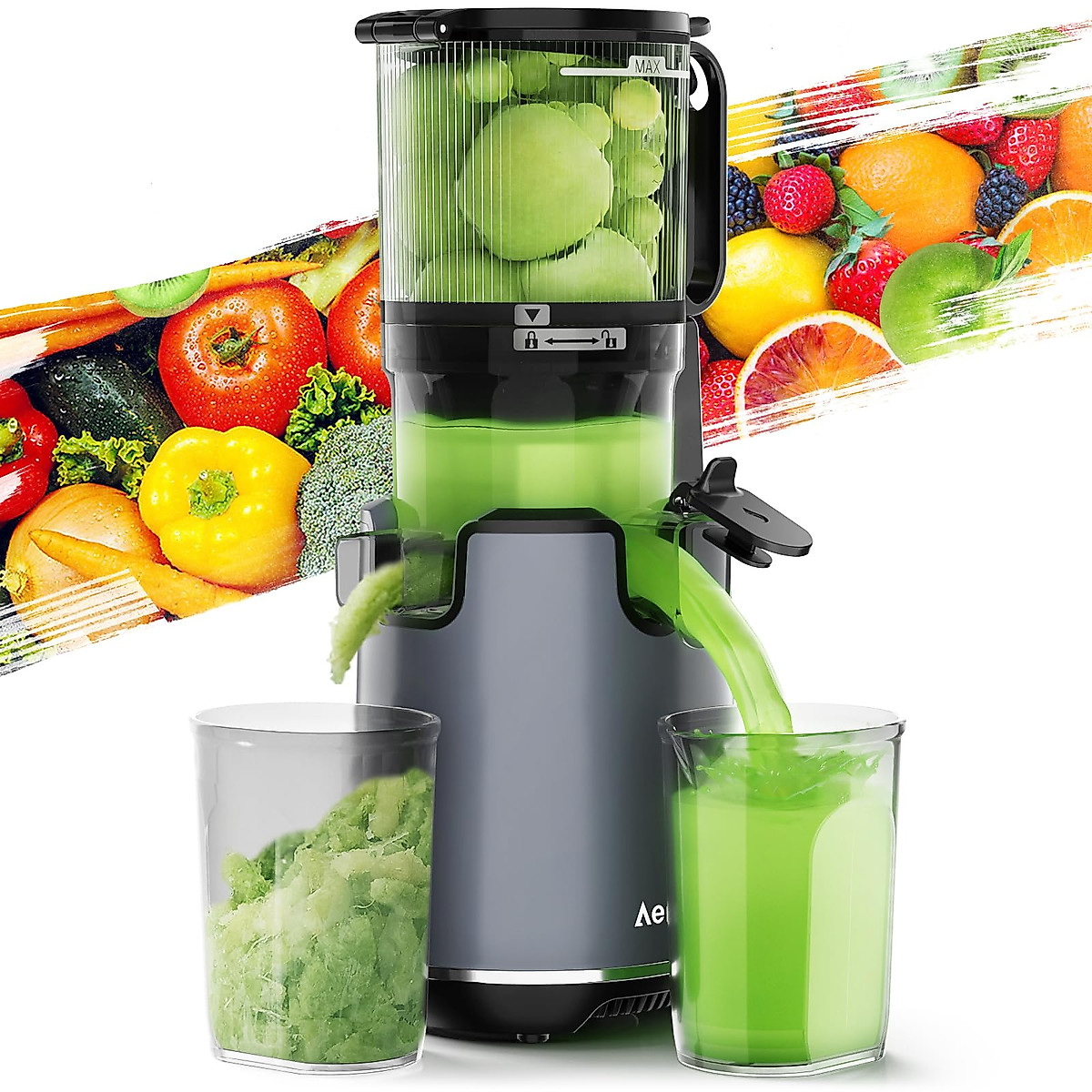 Aeitto Juicer Machines,Slow Juicer, 5.3" Large Feed Chute, 250W Whole Fruit juicer, 1.7L Large Capacity Juice Extractor for Vegetable and Fruit, High Juice Yield, Easy to Clean, Grey