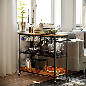 IRONCK Bar Cart, Serving Cart with Wine Rack Glasses Holder Kitchen Cart on Wheels Wood and Metal Frame, Vintage Brown