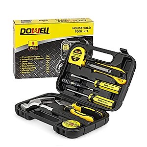 DOWELL Small Homeowner Tool Set 9 Pieces General Household Small Hand Tool Kit with Plastic Tool Box Storage Case