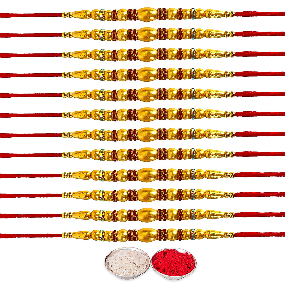 KSJONE Set of 12 Rakhi for Brothers Moti, Beads Ring Diamond Design Rakhi Traditional Handmade Rakhi Set with Roli Chawal, Indian Festive Rakshabandhan Bro Bracelet Thread Rakdi Rakhee Gift Set