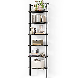 ODK Ladder Shelf, 6 Tier Black Bookshelf, 86 Inch Wall Mounted Book Shelf with Metal Frame, Ladder Bookshelf Bookcase for Bedroom, Home Office and Living Room