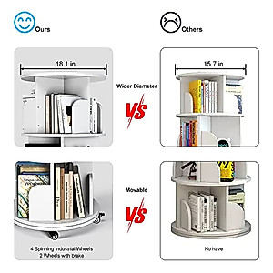 Nidouillet Rotating Bookshelf, 4 Tier Revolving Bookcase with Brake Wheels 360° Display Round Bookshelf Narrow Swivel Corner Book Shelf Standing Bookcase for Adult Bedroom, Living Room - White