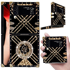 Ephoou for Samsung Galaxy Z Flip4 5G Case for Women,Square Rivet Metal Corner Design Phone Case Cover with Bling Diamond Ring Suitable for Samsung Galaxy Z Flip4 5G 6.7" BF-Black