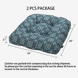 Magpie Fabrics Outdoor/Indoor Tufted Seat Cushion with Ties Set of 2, 19"x19" Waterproof Patio Chair Pads Tatami Floor Pillow for Garden Balcony Office Decor (Morgan Medal Blue)