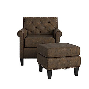 Domesis Button Tufted Rolled Arm Chair and Ottoman in Distressed Brown Faux Leather