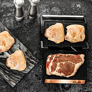 Ovente Electric Indoor Panini Press Grill with Non-Stick Cooking Plate, 1000W Thermostat Control and Removable Drip Tray for Easy Clean, Ideal 2-Slice Sandwich Maker for Breakfast, Copper GP0620CO