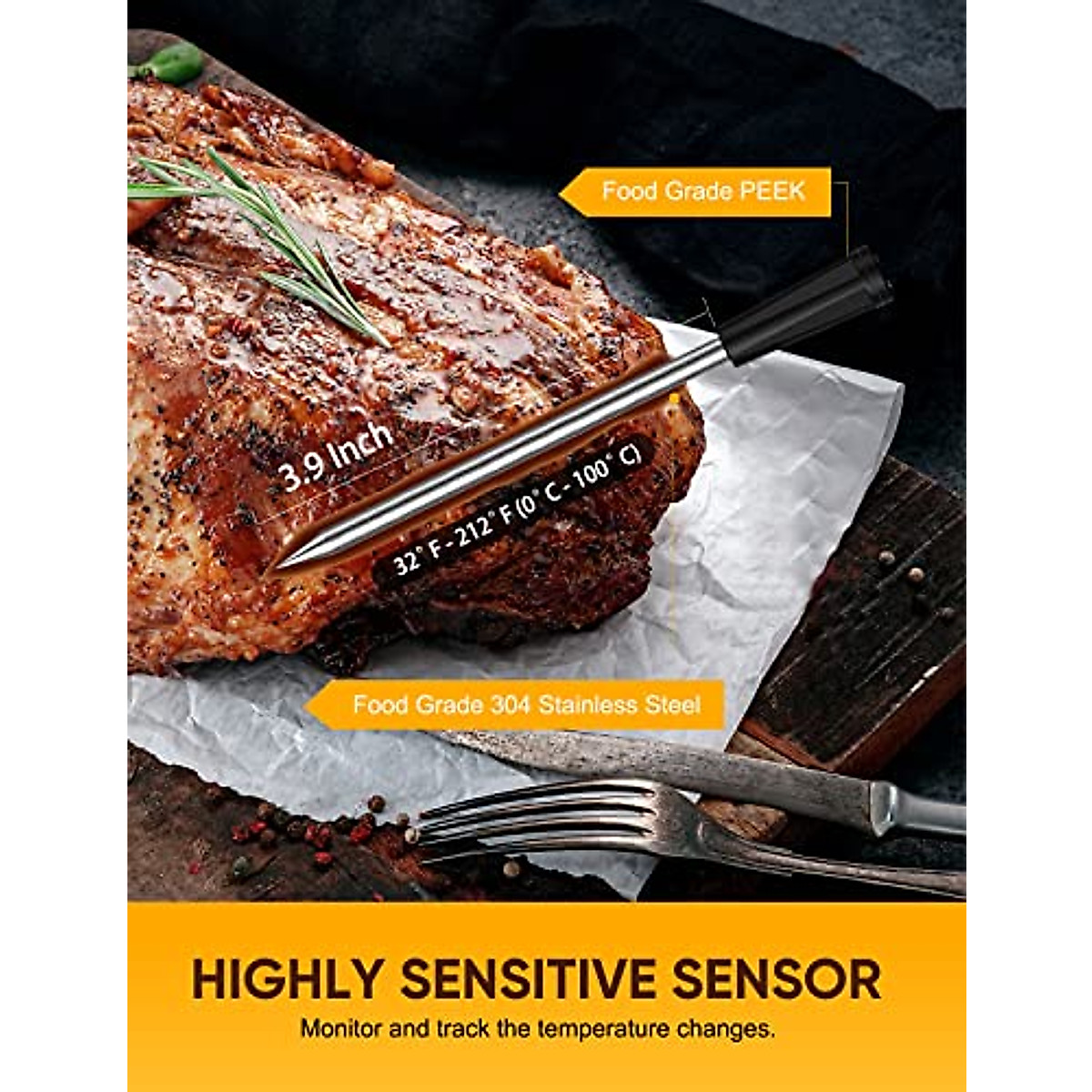 Wireless Meat Thermometer, Food Thermometer with 165ft Wireless Range, Smart APP Control, Charging Dock, USB C Charging Cable, Kitchen Thermometer for Oven, Grill, BBQ, Smoker, Rotisserie