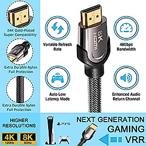8K HDMI 2.1 Cable, 48Gbps Ultra HD Lead High-Speed Cord, Supports 8K@60Hz, 4K@120Hz, eARC HDR10, HDCP 2.2/2.3 Dolby, 3D, VRR, Compatible with Fire TV/Roku TV/PS5/Xbox/Nintendo Switch and More (4 ft)