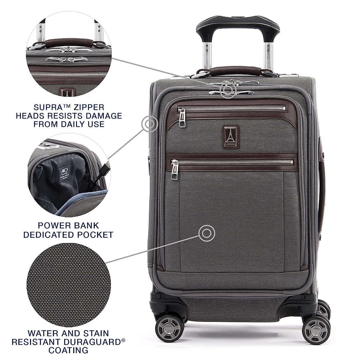 Travelpro Platinum Elite Softside Expandable Carry on Luggage, 8 Wheel Spinner Suitcase, USB Port, Laptop and Tablet Sleeves, Men and Women, Vintage Grey, Carry On 20-Inch