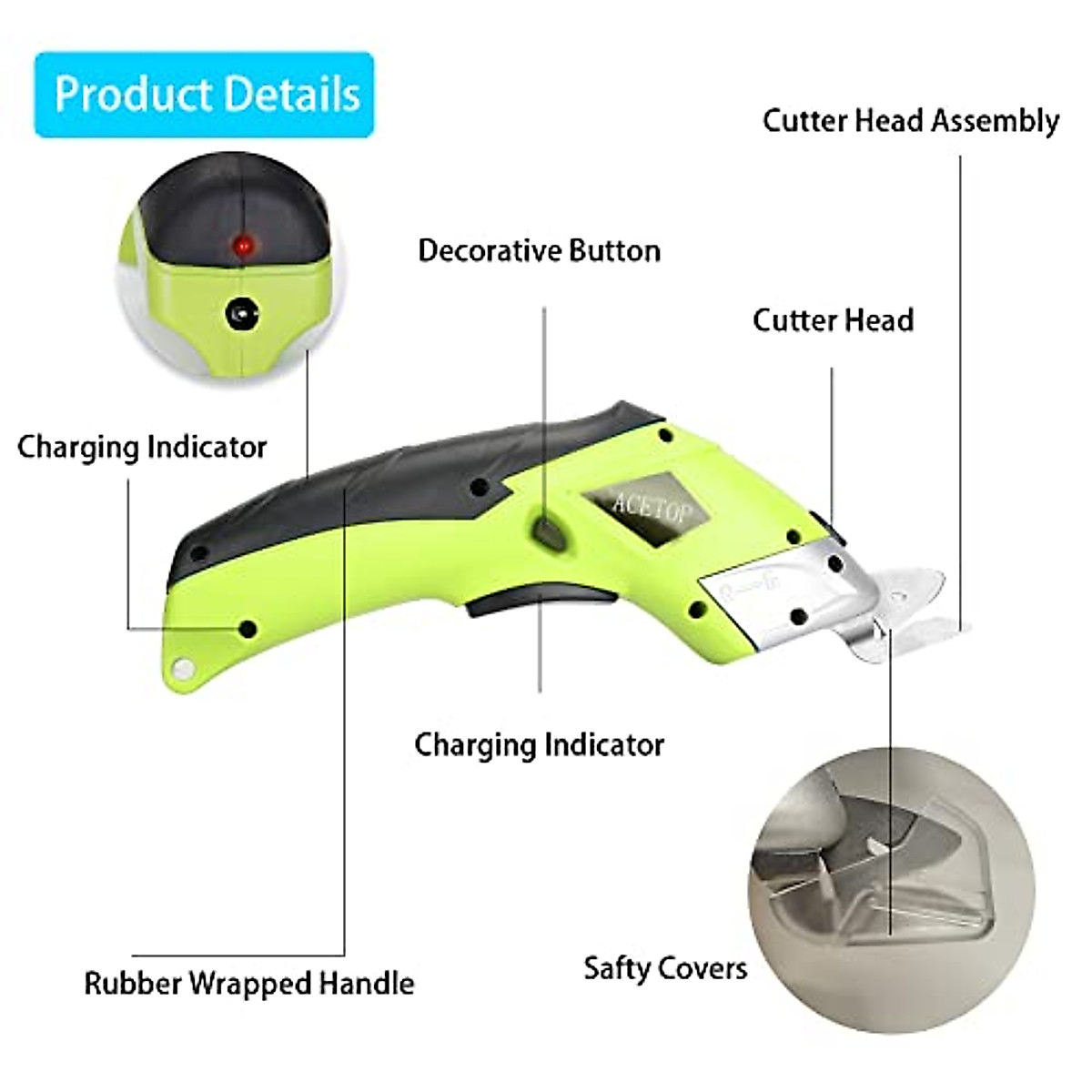 ACETOP Electric Fabric Scissors, Cordless Power Crafts Shears, Rechargeable Sewing Cutting Tool Box Cutter with 2 Blades for Leather Carpet Scrapbooking Cardboard (Green)
