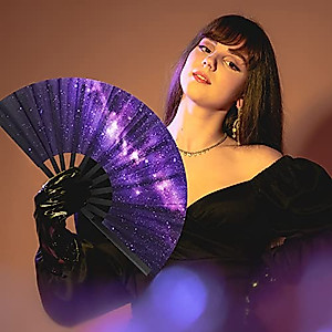 2 Pcs Galaxy Satin Rave Folding Hand Fan Chinese Japanese Large Handheld Fan Plastic Ribs Decorative Folding Fans with Fabric Case for Women Men Gifts, Dance Festival Party Performance Decorations