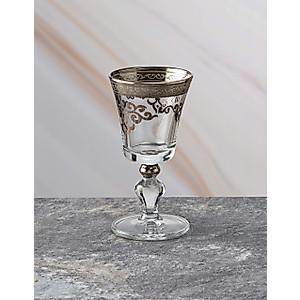 Clear Liquor Glasses with Stem and Silver Design-Set of 6-Fills 2 ounces-Measures: 4"H x 2"D