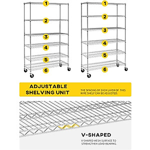 6-Tier Storage Shelves Wire Shelving with Wheels Heavy Duty Metal Shelves Tall Steel Shelving Units Adjustable 6000lbs Capacity Rolling Shelf Racks for Restaurant Garage Pantry Kitchen, Chrome
