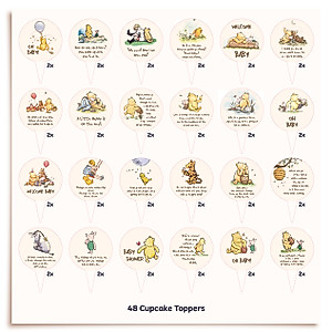 WEECUTES® Winnie Baby Shower Decorations Cupcake Toppers Classic Pooh Quotes 1 st Birthday Party Supplies For Kids Dessert Favor Cake Decor 48 Pcs