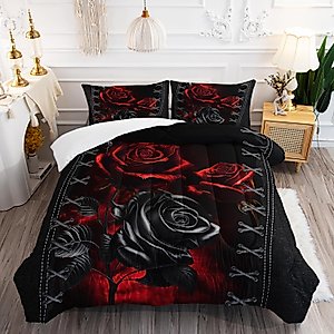 AILONEN Red Rose Comforter Set Full Size, 3D Red Floral Bedding Set,Red and Black Comforter Sets,Red Rose Duvet Set 3 Pieces, 1 Quilt and 2 Pillowcases