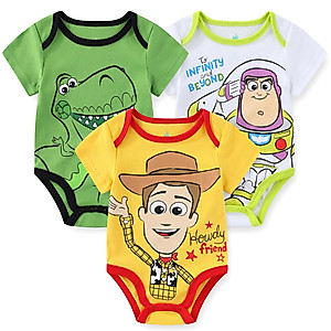 Disney Baby Toy Story Mickey Mouse Cars Winnie the Pooh Boys 3 Pack Bodysuit Creeper for Newborn and Infant