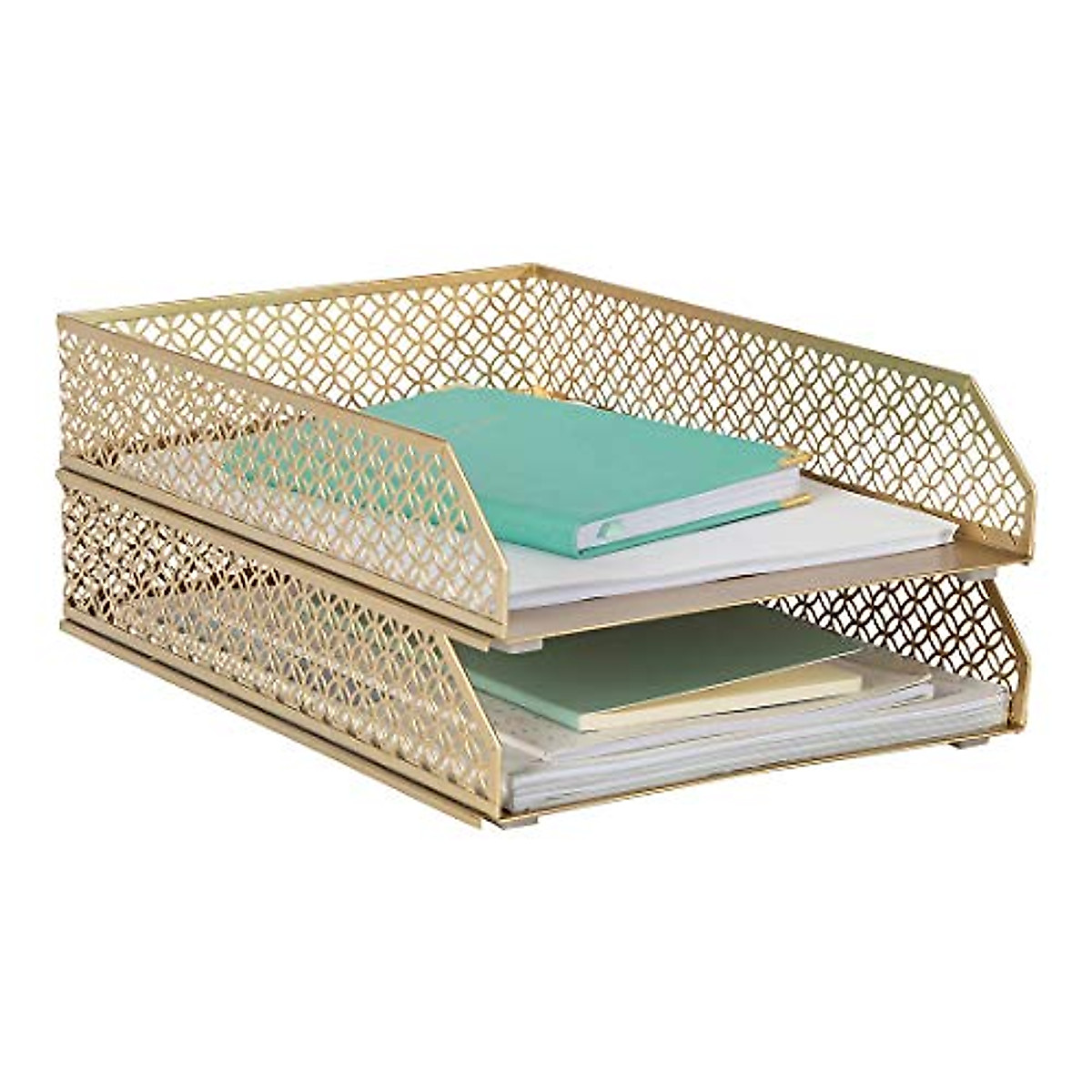Blu Monaco Gold Desk Organizer Stackable Paper Tray Set of 2 - Metal Two Tier Tray - Stackable Letter Tray - Inbox Tray for Desk