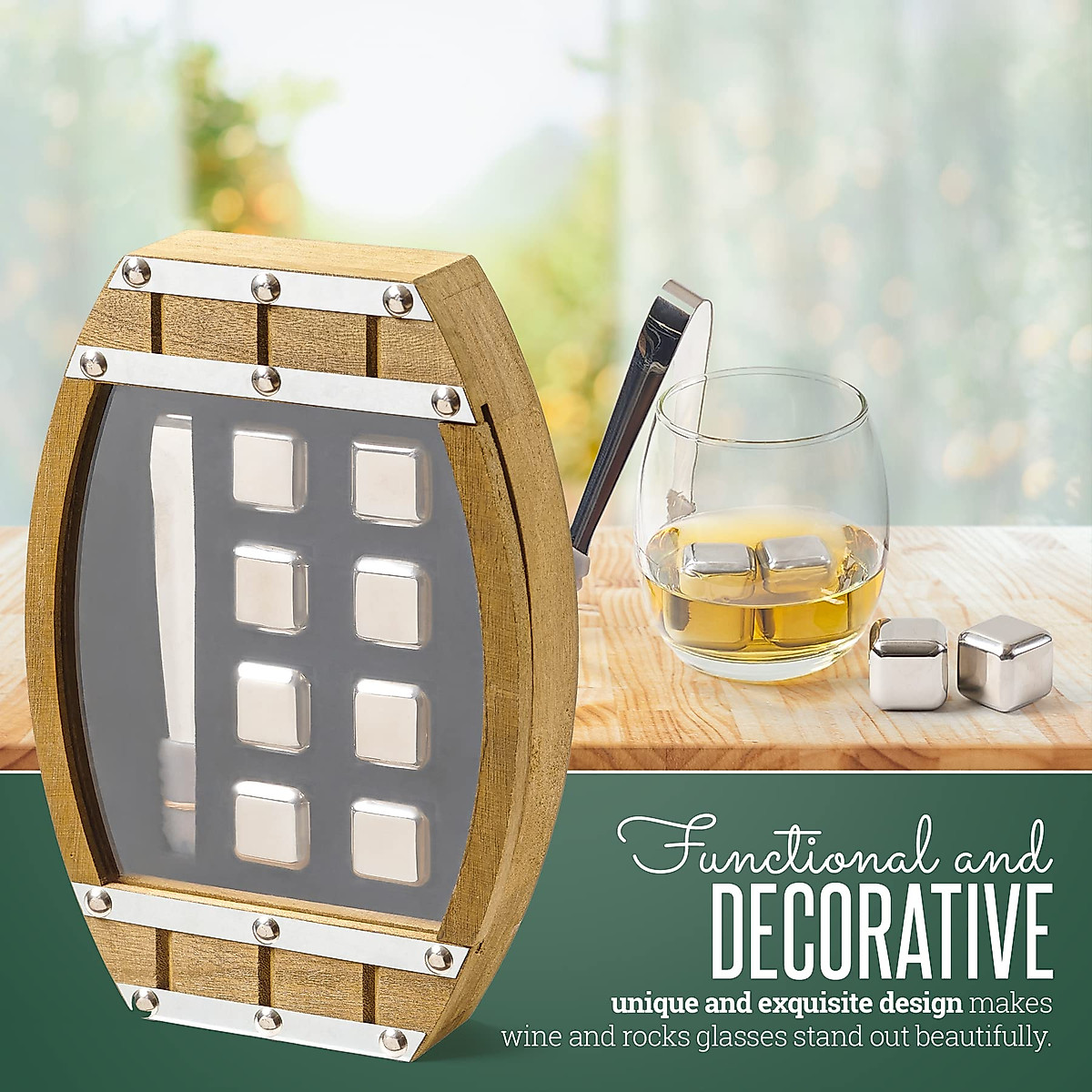 Whiskey Stone Gift Set - 8 Pieces Stainless Steel Cubes in Wooden Barrel Box Display Includes Reusable Stones, Felt Bag & Tongs - Keep Drinks Cold for Scotch, Beer, Wine, Cocktails for Women & Men