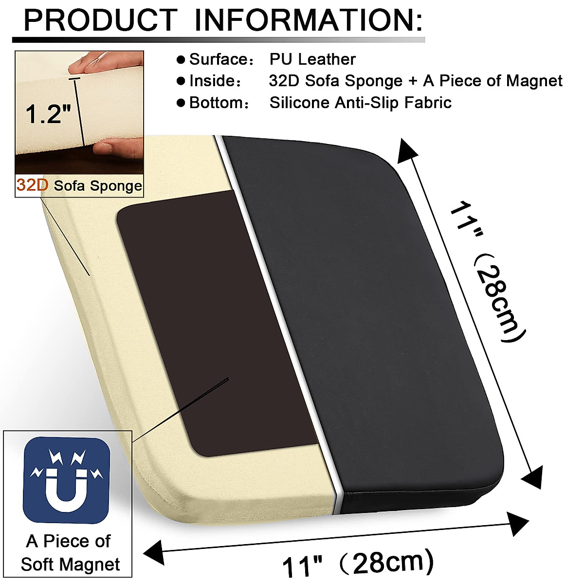 BUYUE Enhanced Anti-Slip Magnetic Bar Stool Cushions Set of 4, Luxury PU Leather Waterproof Small Seat Cushions for Café Bistro Stackable Metal Stools (Square, Black, 4)