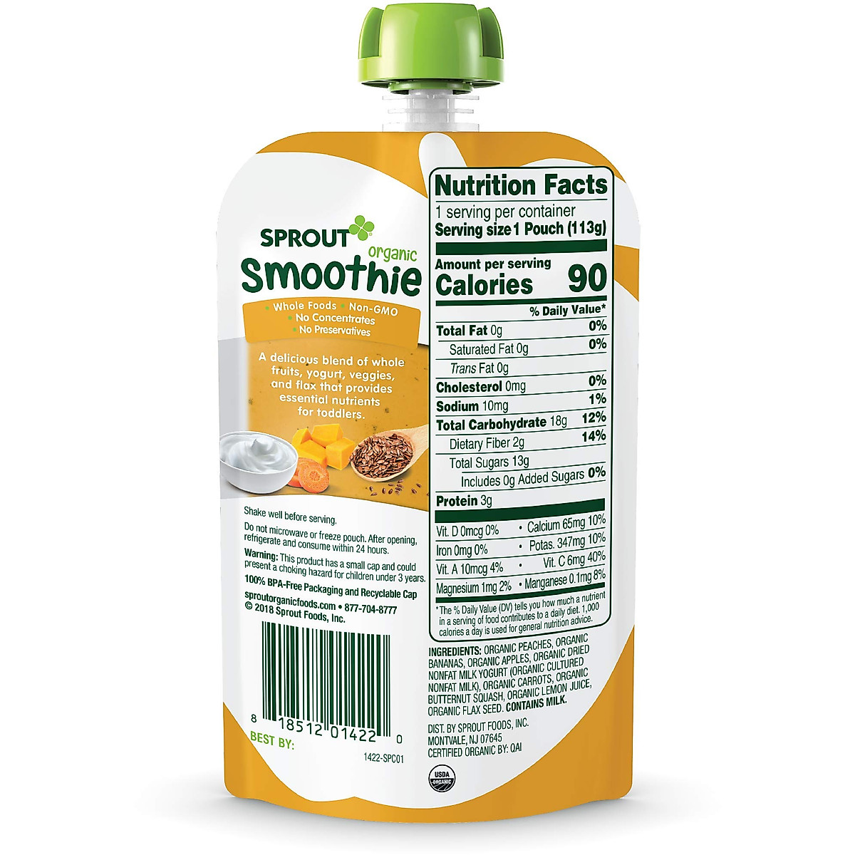 Sprout Organic Toddler Smoothie, Peach Banana w/ Yogurt, 4 Ounce Pouch (Pack of 6)