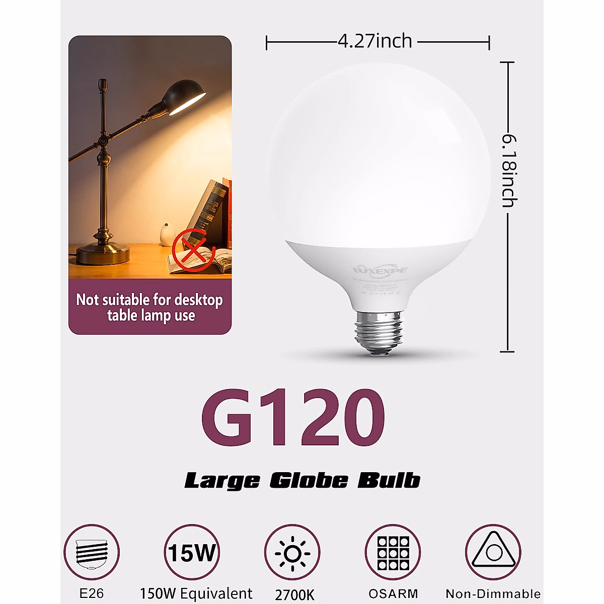 LUXEXPE Led Light Bulb, G120 Globe Bulb,15W(150W Equivalent) Led Bulbs Warm White 2700k Large Globe Light Bulbs, Non-Dimmable, E26 Base, 1500 Lume, Perfect for Indoor Living Room LED Bulbs