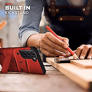 ZIZO Bolt Bundle for Galaxy S21 FE Case with Screen Protector Kickstand Holster Lanyard - Red & Black