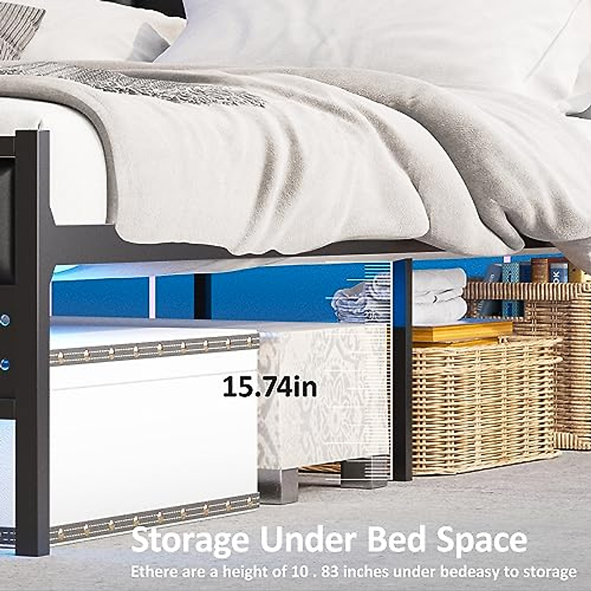 Halitaa Full Size Bed Frame with Headboard and Led Lights,Upholstered Bed Frames with Charging Station,Platform Metal Bed with Storage Shelves,No Box Spring Needed,Easy Assembly