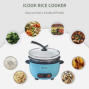 ICOOK Blue Rice Cooker 1L Grains,Oatmeal,Cereals Cooker,Rice Warmer Steamer,Small Mini Rice Cooker Removable Nonstick Pot,Full View Glass Lid,Stand Plastic Knob