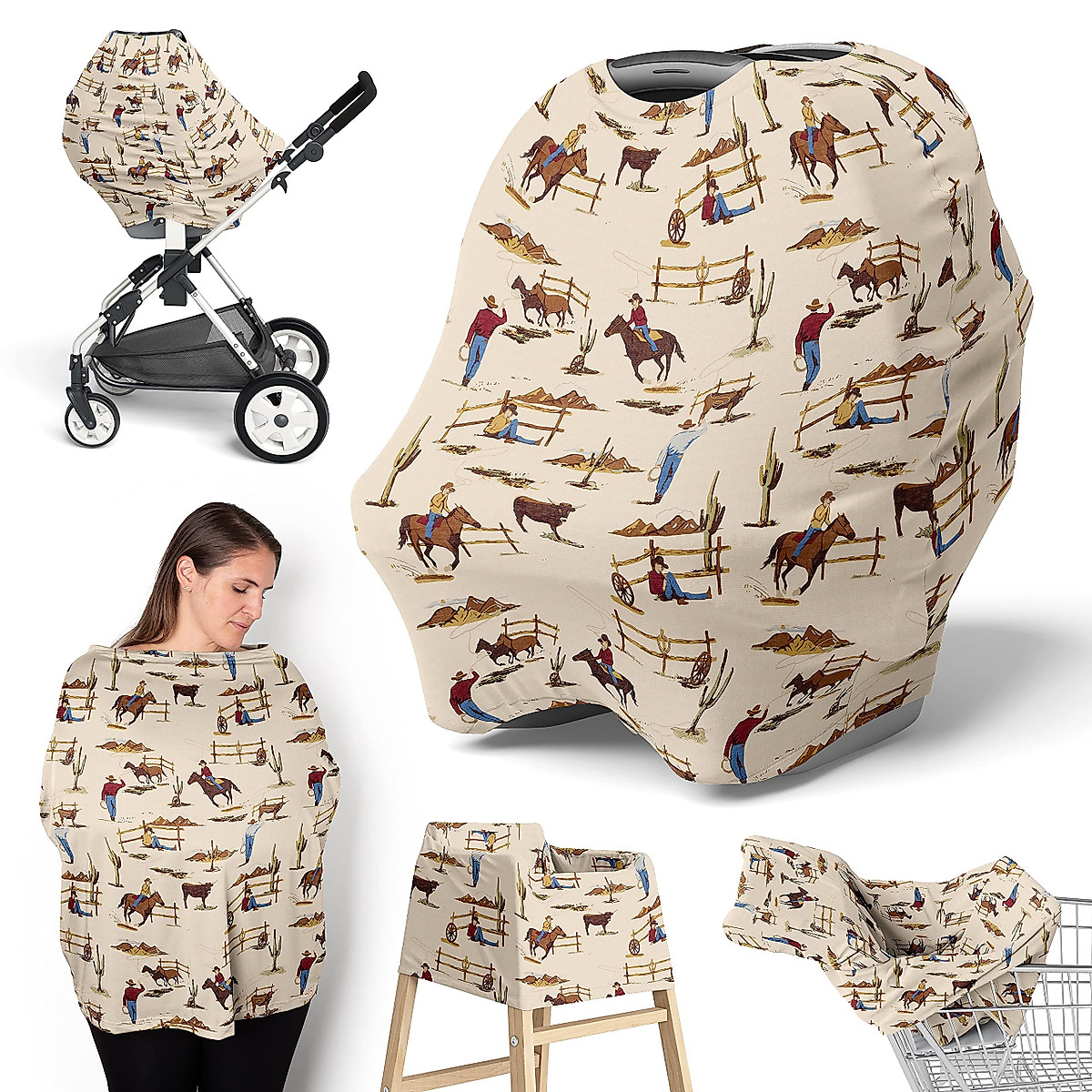Sweet Jojo Designs Western Cowboy Boy Infant Baby Car Seat Cover Nursing Breastfeeding Shopping Cart Stroller Canopy - Tan Brown Red Southern Country Chocolate Blue and White Wild West Horse