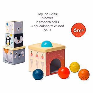 Taf Toys Toddlers Object Permanence Ball Drop Stacker, Made of Strong & Durable Cardboard Box & Plastic Cover Perfect Developmental Toy for Tummy-Time