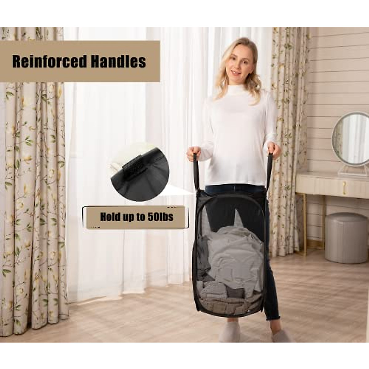 HOUSE AGAIN Mesh Popup Laundry Hamper, [Reinforced] Collapsible Laundry Basket, Foldable Pop Up Hamper with Durable Handles, Easy to Open and Fold for Dorm, Laundry Room, Bedroom, RV, (Black)