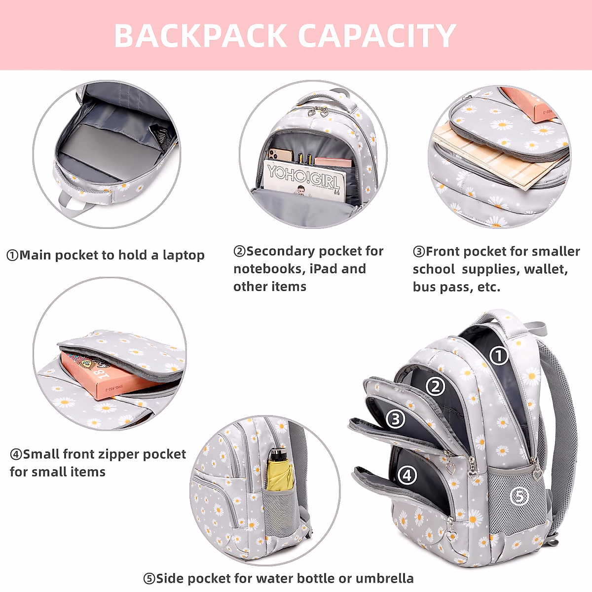 Armbq Daisy Kids Backpack for Girls, Multi Pocket School Bags with Lunch Box for Elementary, Teen Girls Bookbag Set