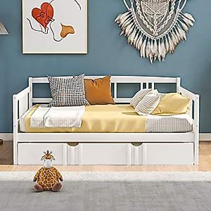 Lepfun Full Daybed with Twin Size Trundle, Wood Full Size Bed Frame with Rails in Three Sides, Full Sofa Bed for Living Room, Bedroom, Apartment, Dorm, No Box Spring Needed (Full, White)