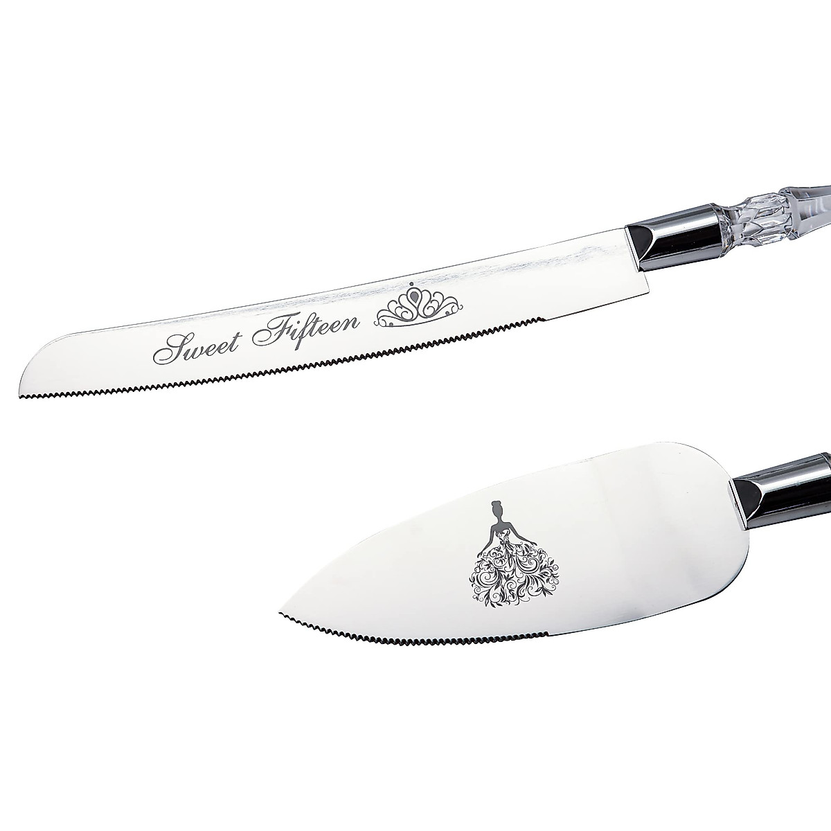 Lassos Boutique Sweet Fifteen 15 Quinceanera Cake Serving and Knife Set, Mis Quince Años Birthday Cake Cutting Set, Feliz 15 Anos Decoration, Acrylic Handle, Stainless Steel, Silver