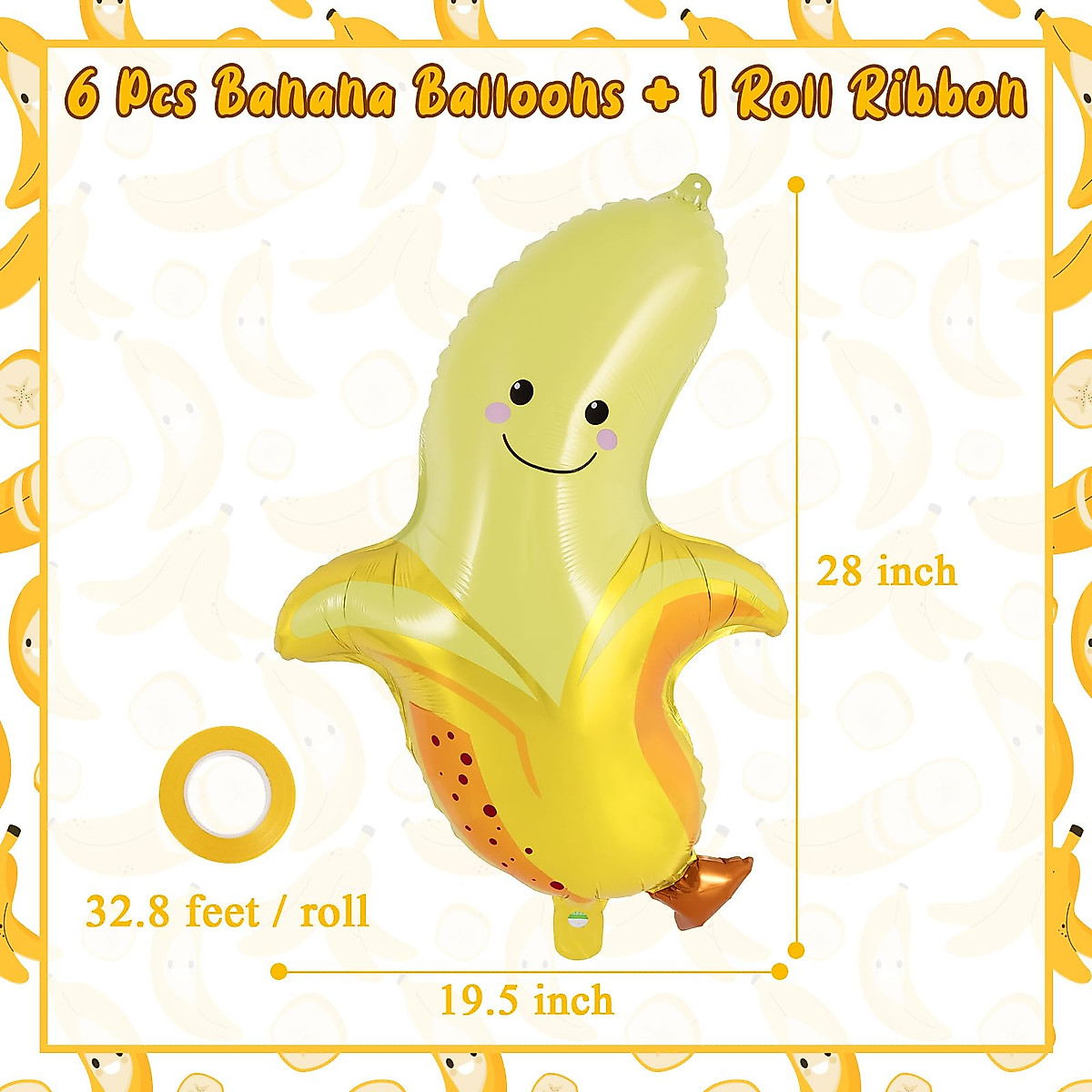 Banana Balloons, 6 Pcs Cute Banana Foil Balloons, 28 Inch Large Cute Fruit Mylar Balloons for Banana Themed Party Decoration Birthday Baby Shower