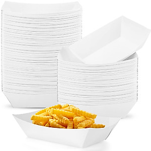 Handepo 300 Pieces Food Trays Bulk Disposable Paper Food Boats Hot Dog Serving Trays White Nacho Trays for Popcorn Taco Snack Fast Food Carnivals Festivals Party Favors Supplies Decorations（2LB）
