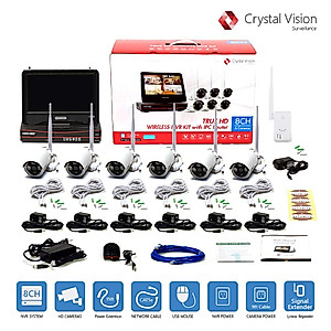 (2022 Upgraded Ver.) [8CH] Crystal Vision CVT9608E-3010W All-in-One True HD Wireless Surveillance System NVR CCTV w/ 2TB HDD, Built-in Monitor & Router, Camera Auto Pair
