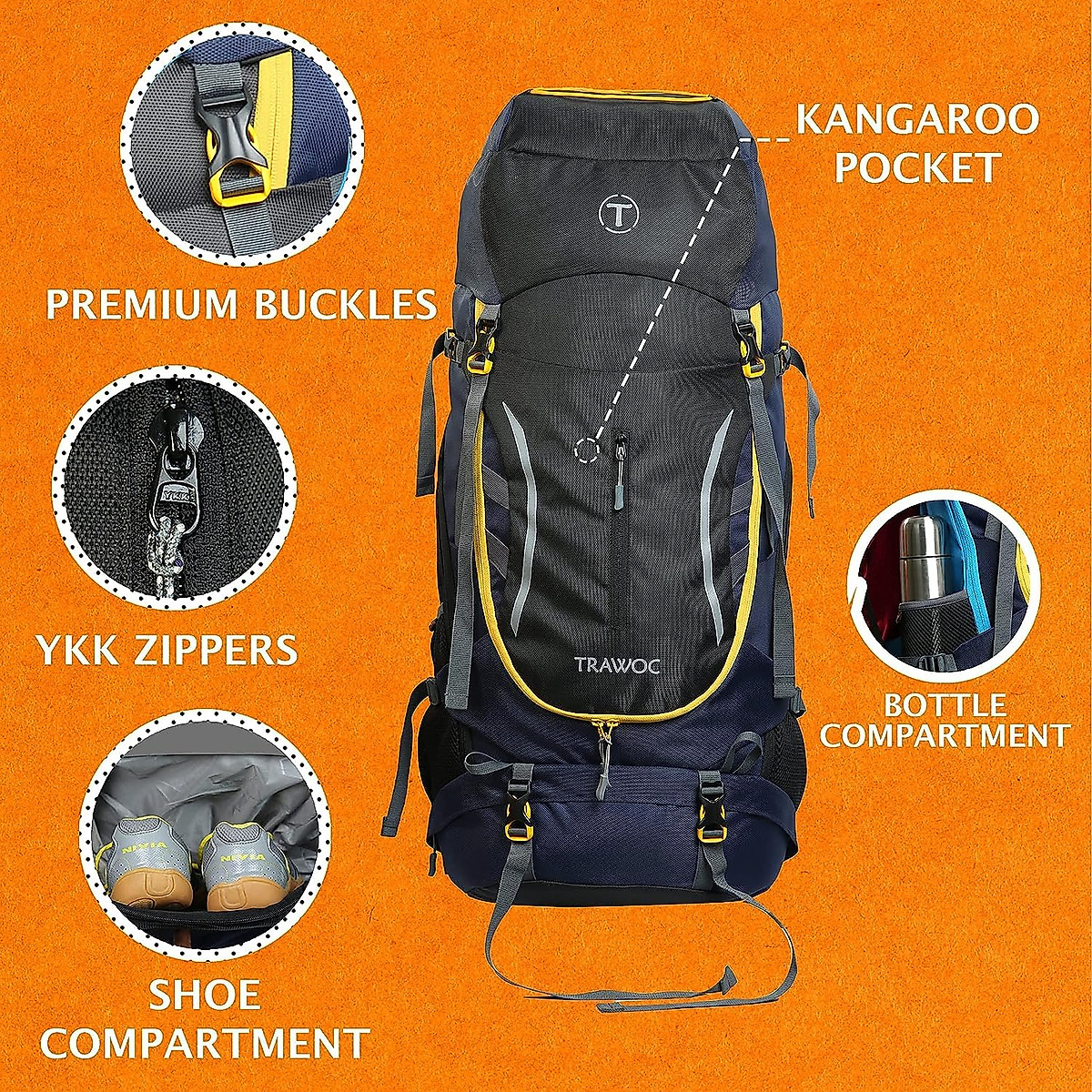 TRAWOC 65 Liter Internal Frame Trekking Hiking Backpack Travel Bag Front & Top Loading Rucksack/Water Proof Rain Cover/Shoe Compartment, HK010