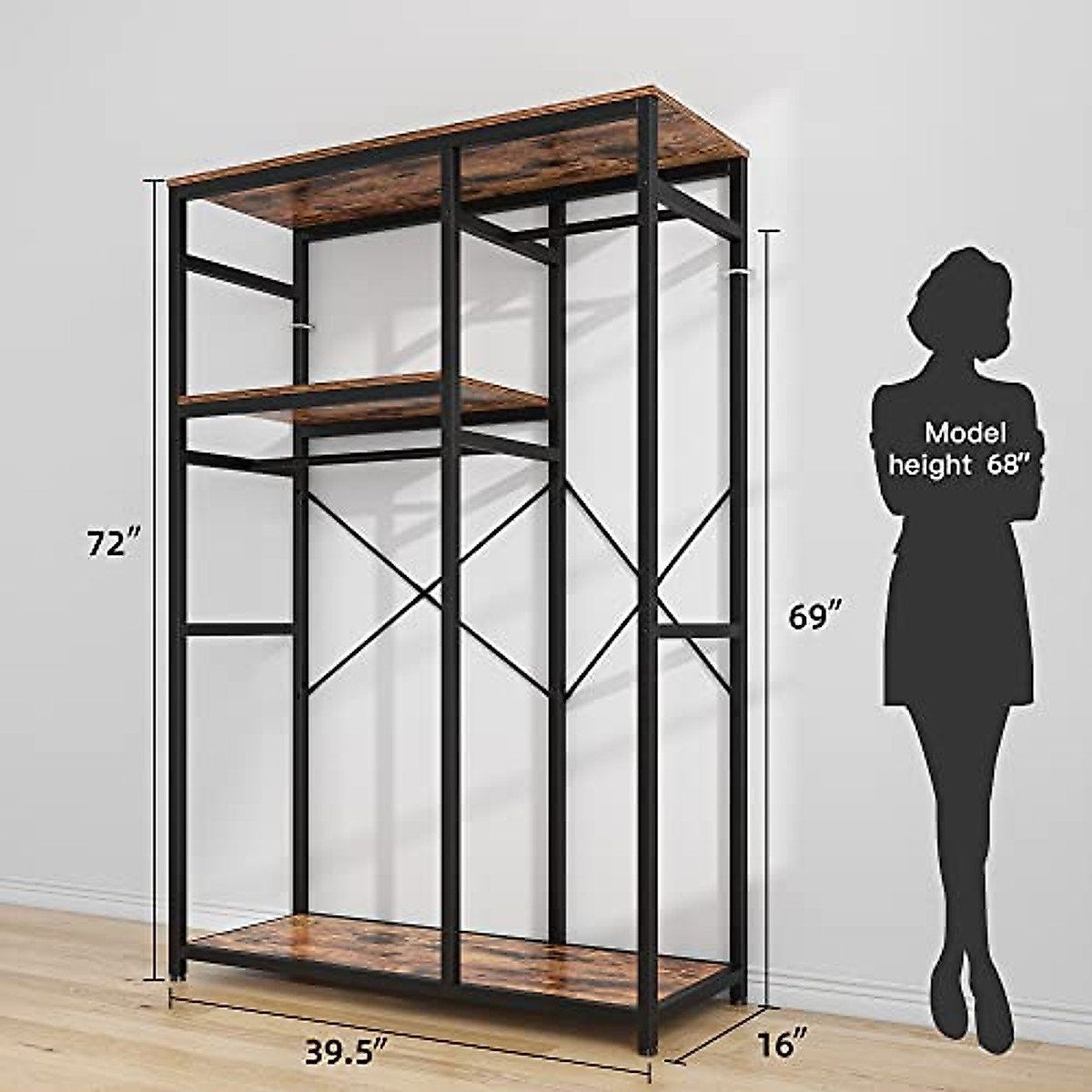 REIBII Free Standing Closet Organizer Clothes Rack with Storage Shelves Clothing Racks for Hanging Clothes Wooden Heavy Duty Garment Rack Metal Portable Closet for Hanging Clothes 72" H