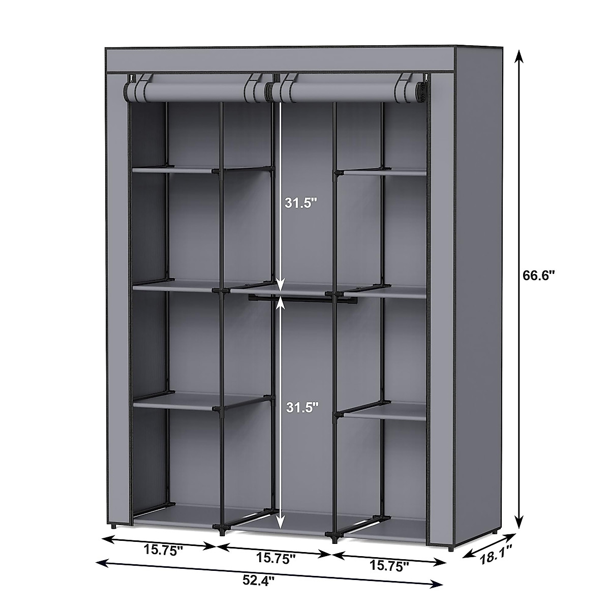 HODYANN Portable Closet, Wardrobe Closet with 10 Storage Shelves and 2 Hanging Rods, Non-Woven Fabric Cover, 52.4 x 18.1 x 66.6 Inches Closet Organizer for Bedroom, Gray