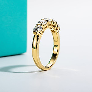 AnuClub 5 Stone Moissanite Wedding Band 1.5cttw D Color Lab Diamond 14k Yellow Gold Plated Silver Eternity Rings, Christmas Gift For Women With Certificate (7.5)