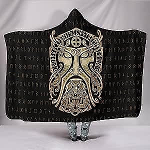 BURNAR Medieval 3D Printing Hooded Blanket Keeps Warm Odin Vegvisir Crow Rune Unisex Winter Wearable Hooded Blanket Double Layer Thick Plush Wool Blanket Cloak (Color : C, Size : 50x60in/130x150cm)